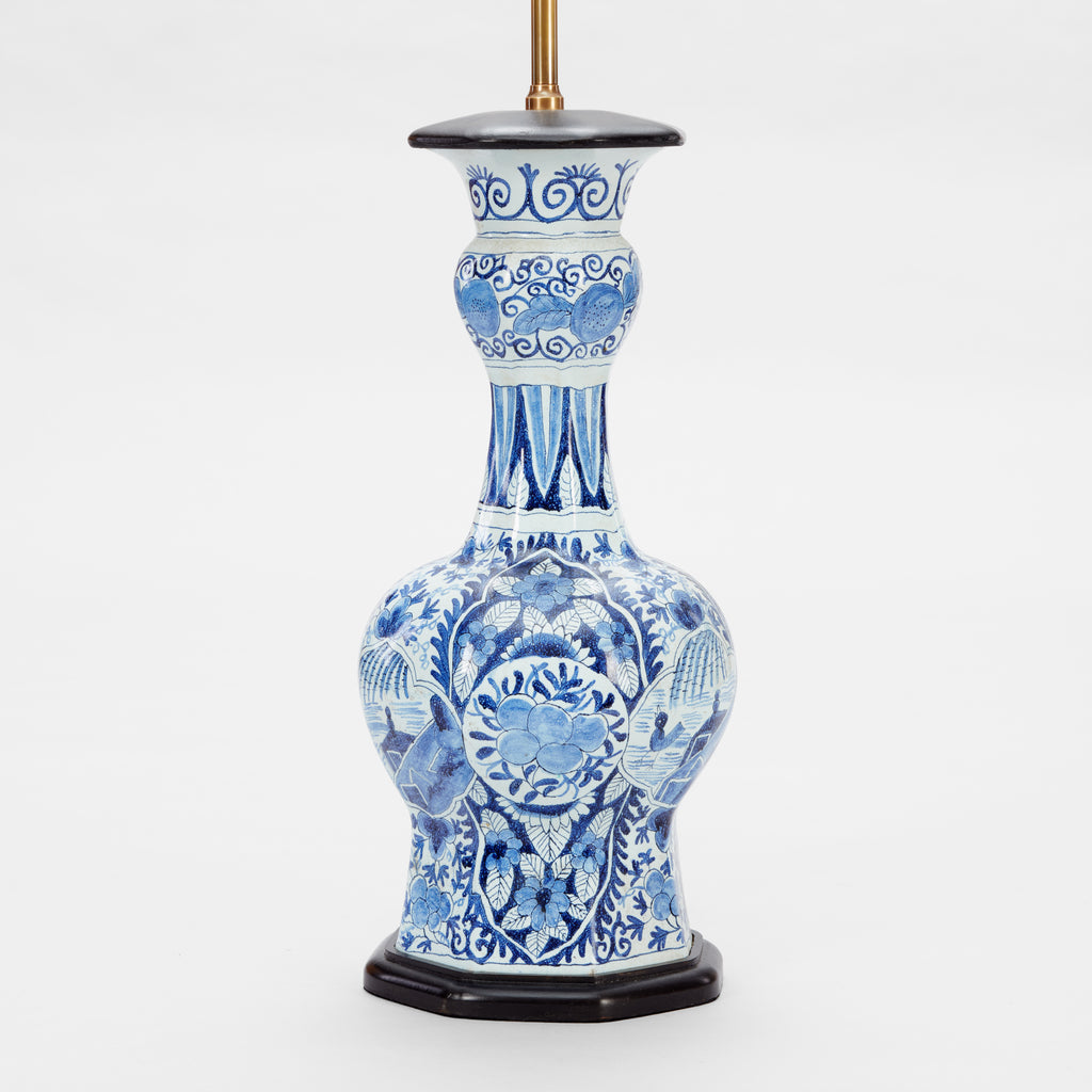 A PAIR OF DUTCH DELFT VASES WITH BULBOUS BODIES AND GARLIC-SHAPED NECK ...