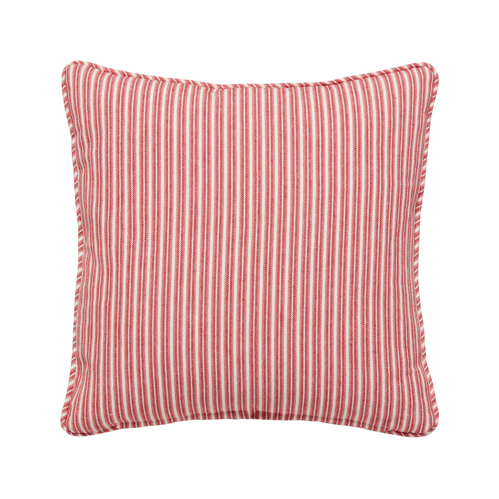 A PAIR OF SMALL SQUARE CUSHIONS MADE UP IN A RED STRIPED FABRIC ...