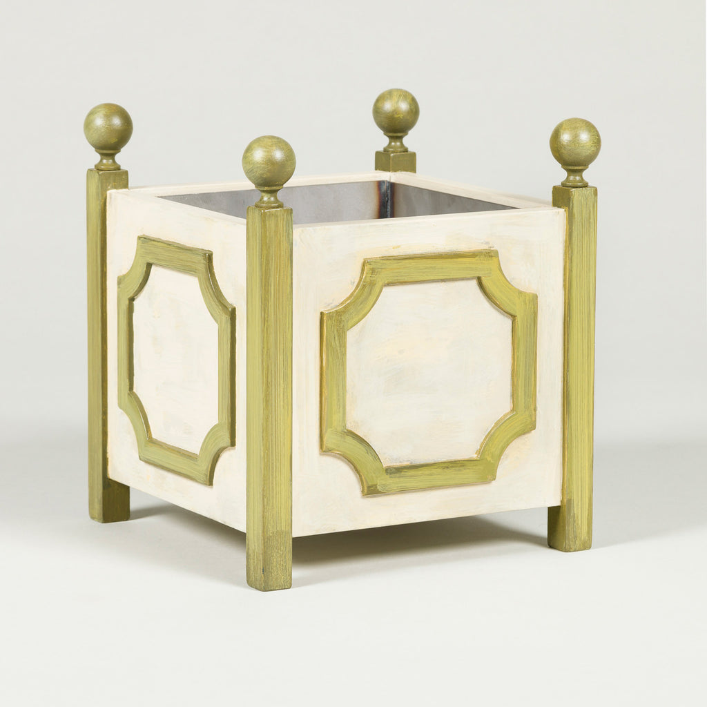 Tughill planter - A square painted wooden planter with turned finials ...
